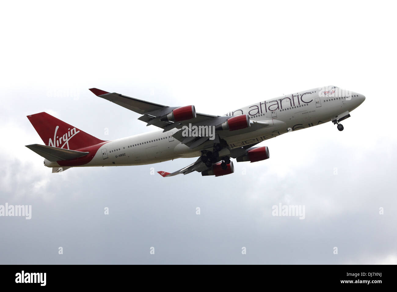 Virgin Atlantic Boeing 747 taking off in grey cloudy weather at London ...