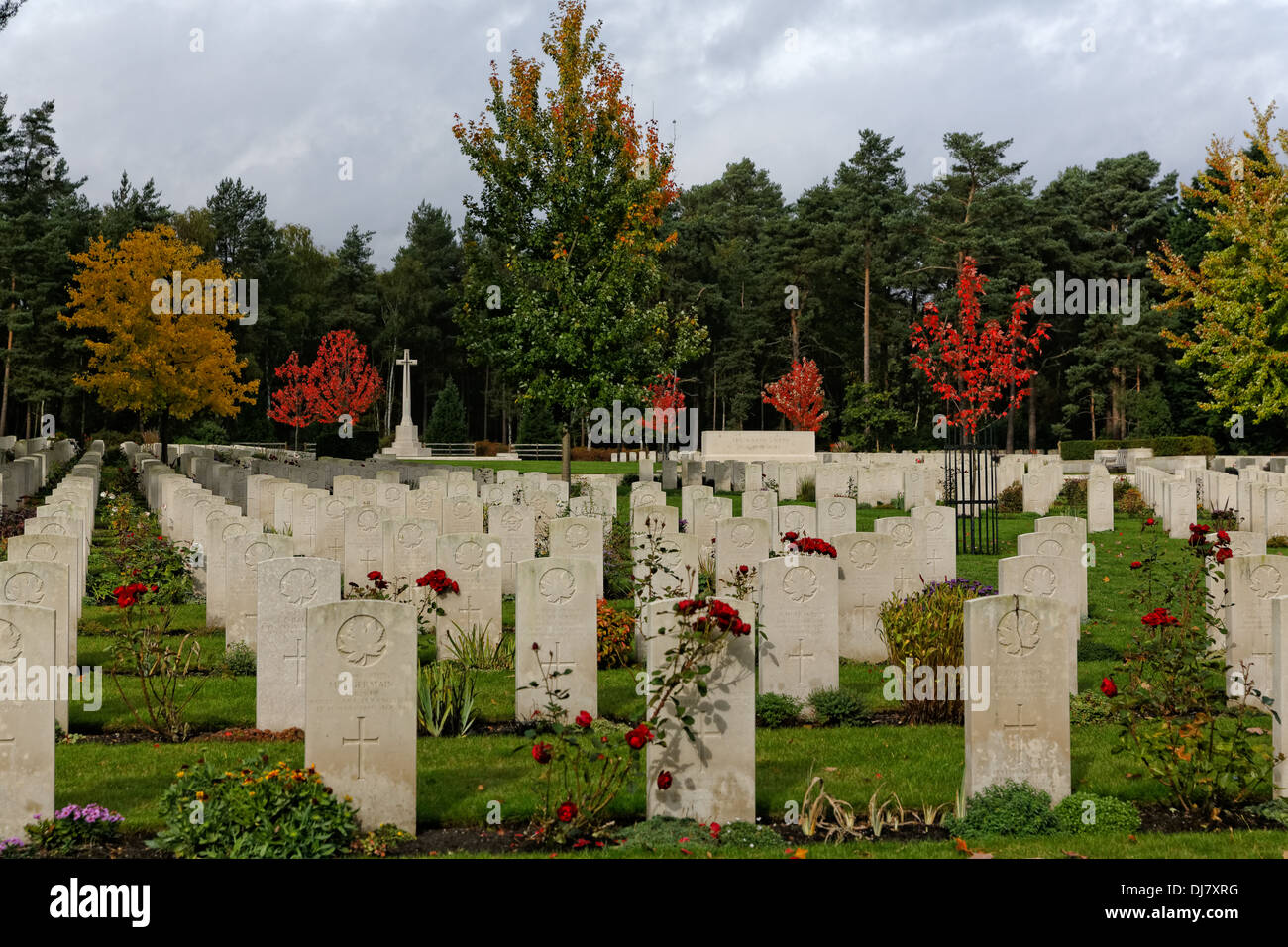 Canadian Military Cemetery with lines of headstones Cross of Sacrifice ...