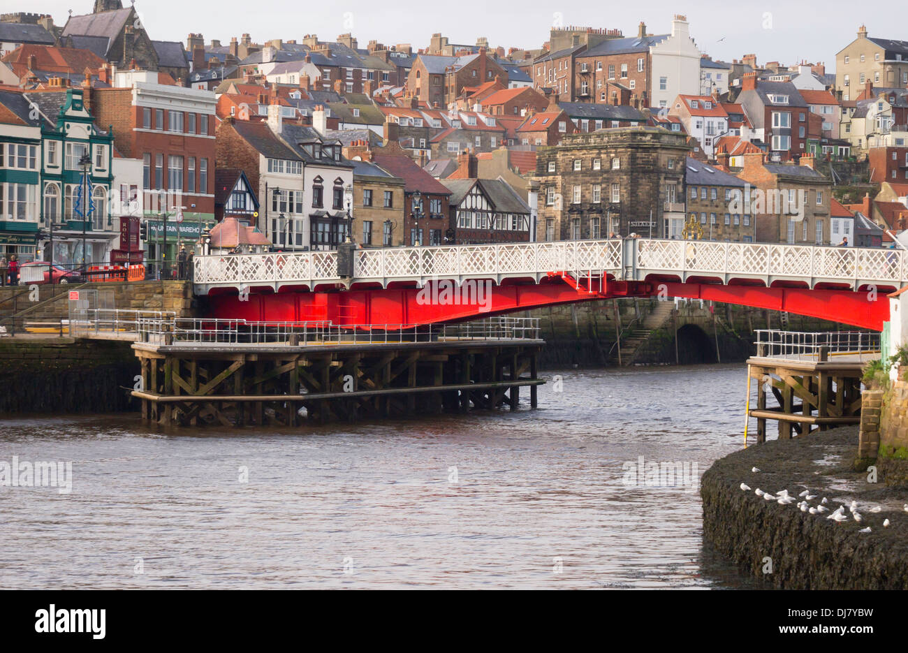 Whitby swing bridge brightly painted viewed from the East side of the ...