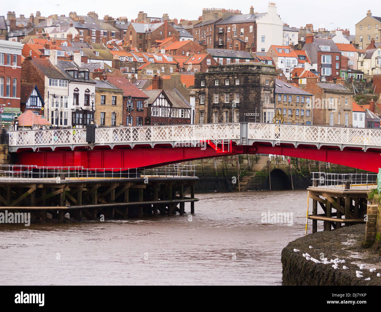 Whitby swing bridge brightly painted viewed from the East side of the ...