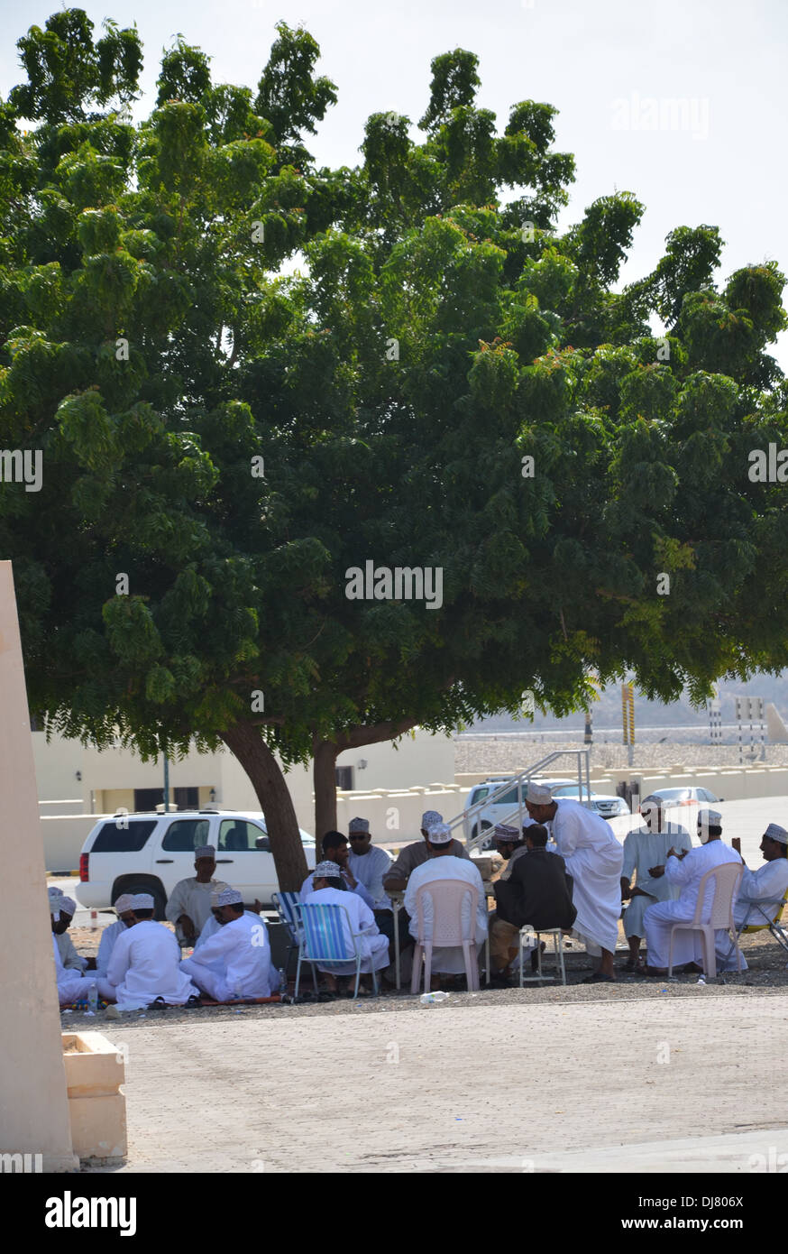 men talking under a tree during the weekend in Sur in Oman Stock Photo ...