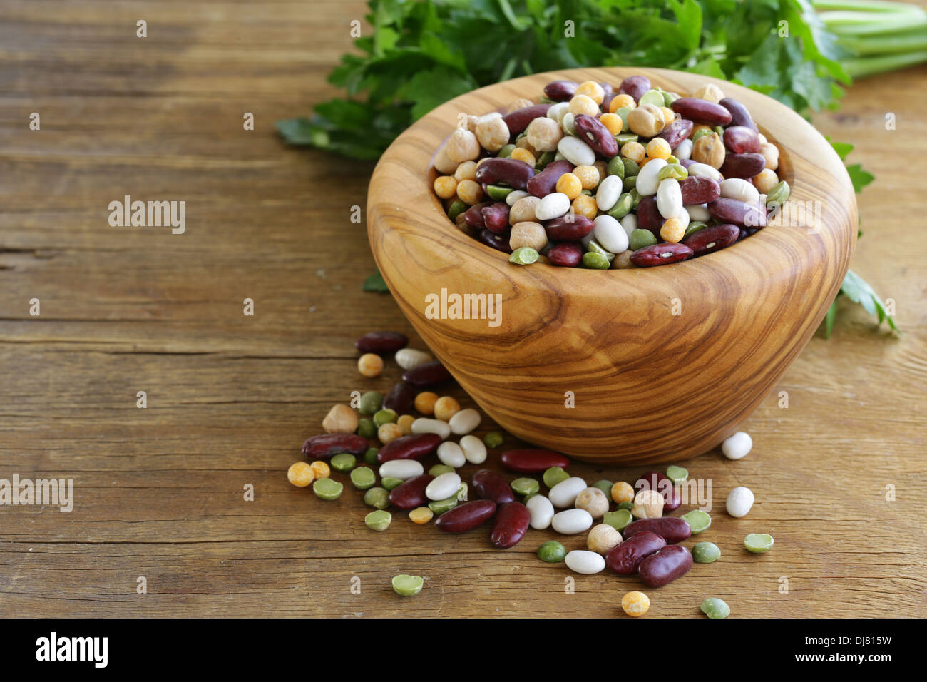 Assortment of different types of beans - red beans, chickpeas, peas ...