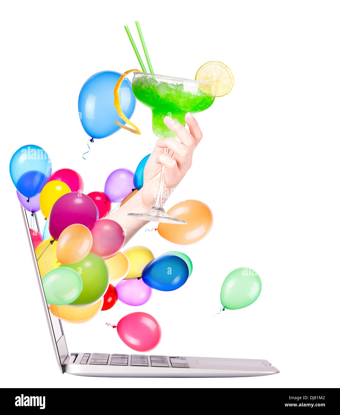 hand with glass of cocktail and balloons come out from a screen of a ...