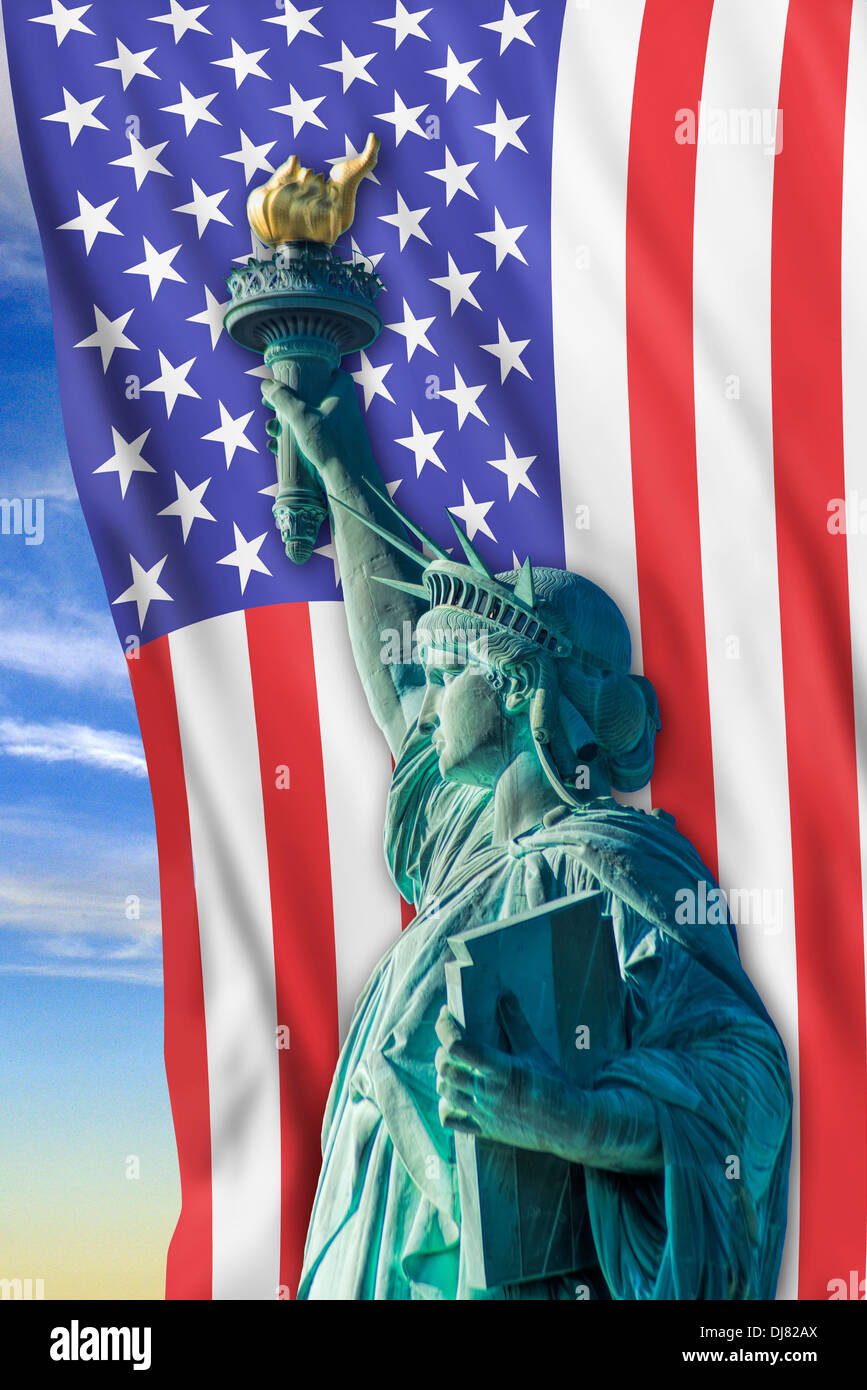 Statue of liberty with old glory in background Stock Photo - Alamy