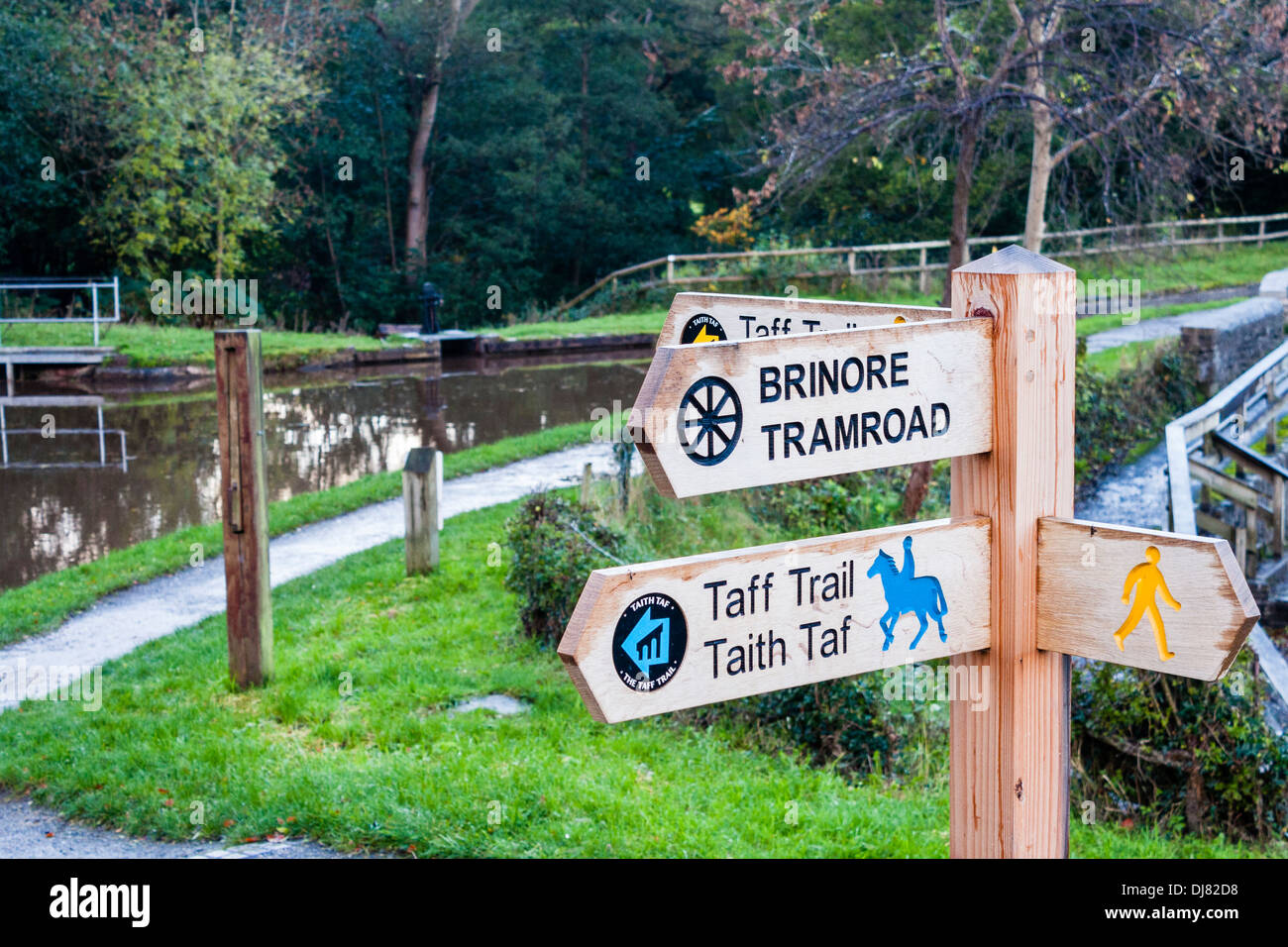 Sign for the Taff Trail and the Brinmore Tramroad by the side of the ...
