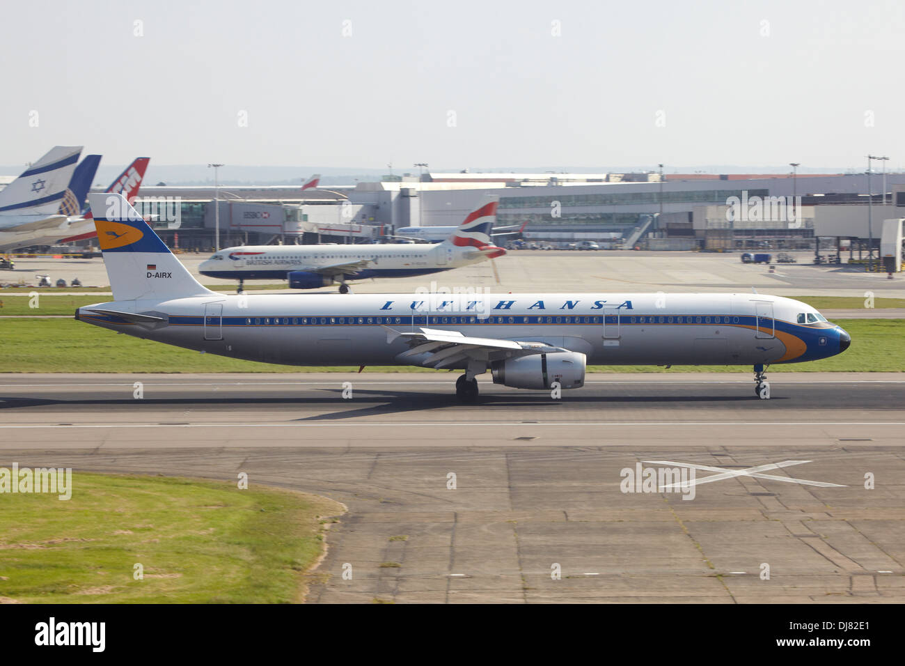 Lufthansa Retro jet Airbus A321 at London Heathrow Airport Stock Photo ...