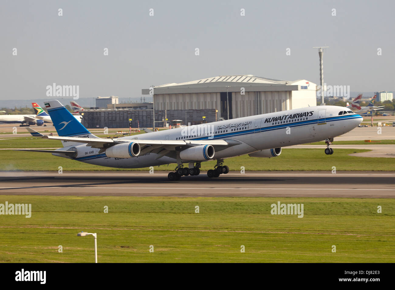 Kuwait Airways Airbus A340 landing at London Heathrow Airport Stock ...