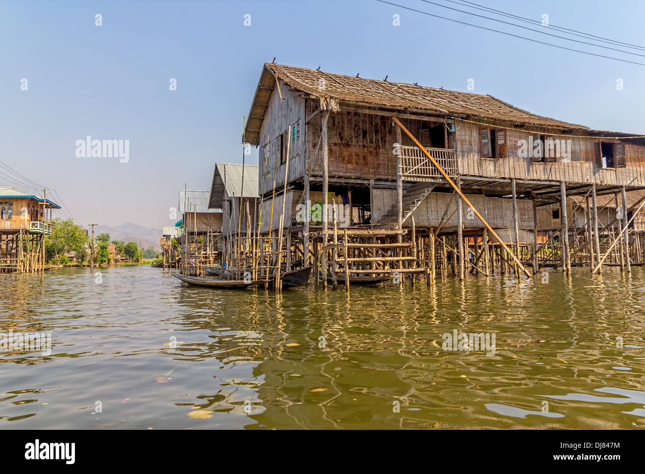 Panorama of the small Floating village at Inle lake with water roads ...