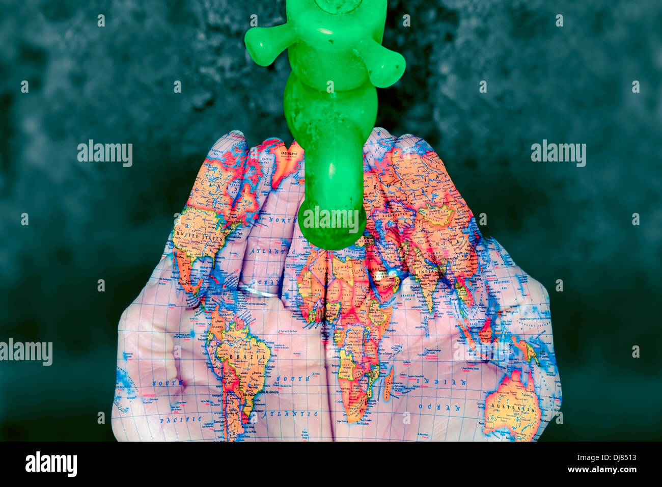 Plastic Water Tap with human palms printed with World Map Concept Stock ...