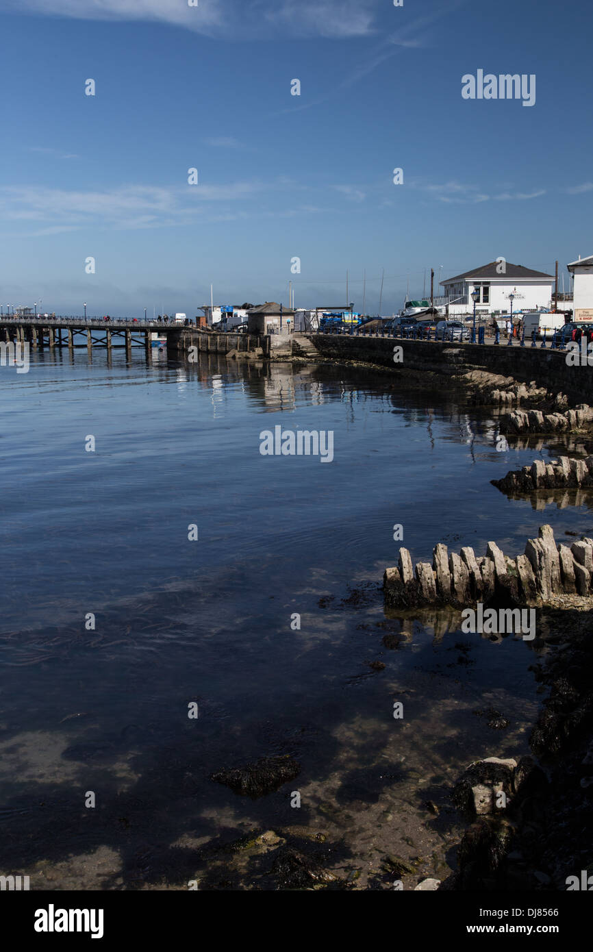Swanage Bay. Jurassic Coast. Calm sea and blue sky. Swanage Pier Stock ...