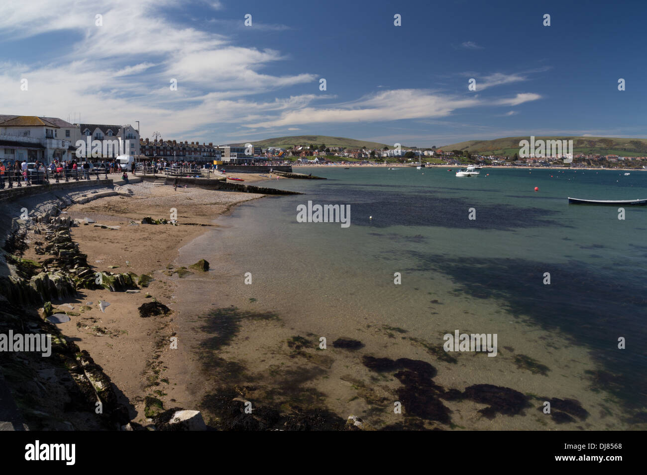 Swanage Bay. Jurassic Coast. Calm sea and blue sky. Swanage beach front ...