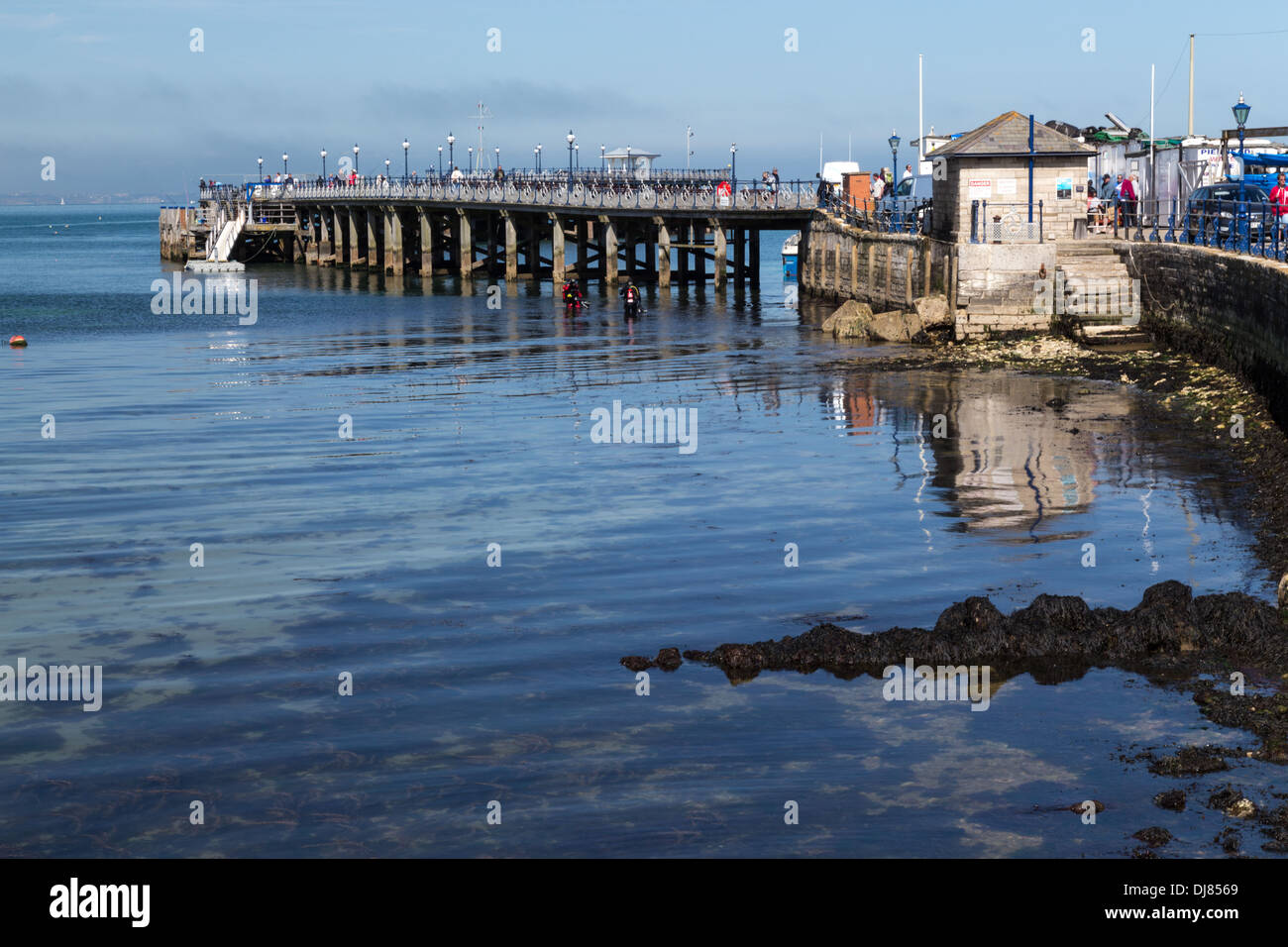 Swanage Bay. Jurassic Coast. Calm sea and blue sky. Swanage Pier Stock ...
