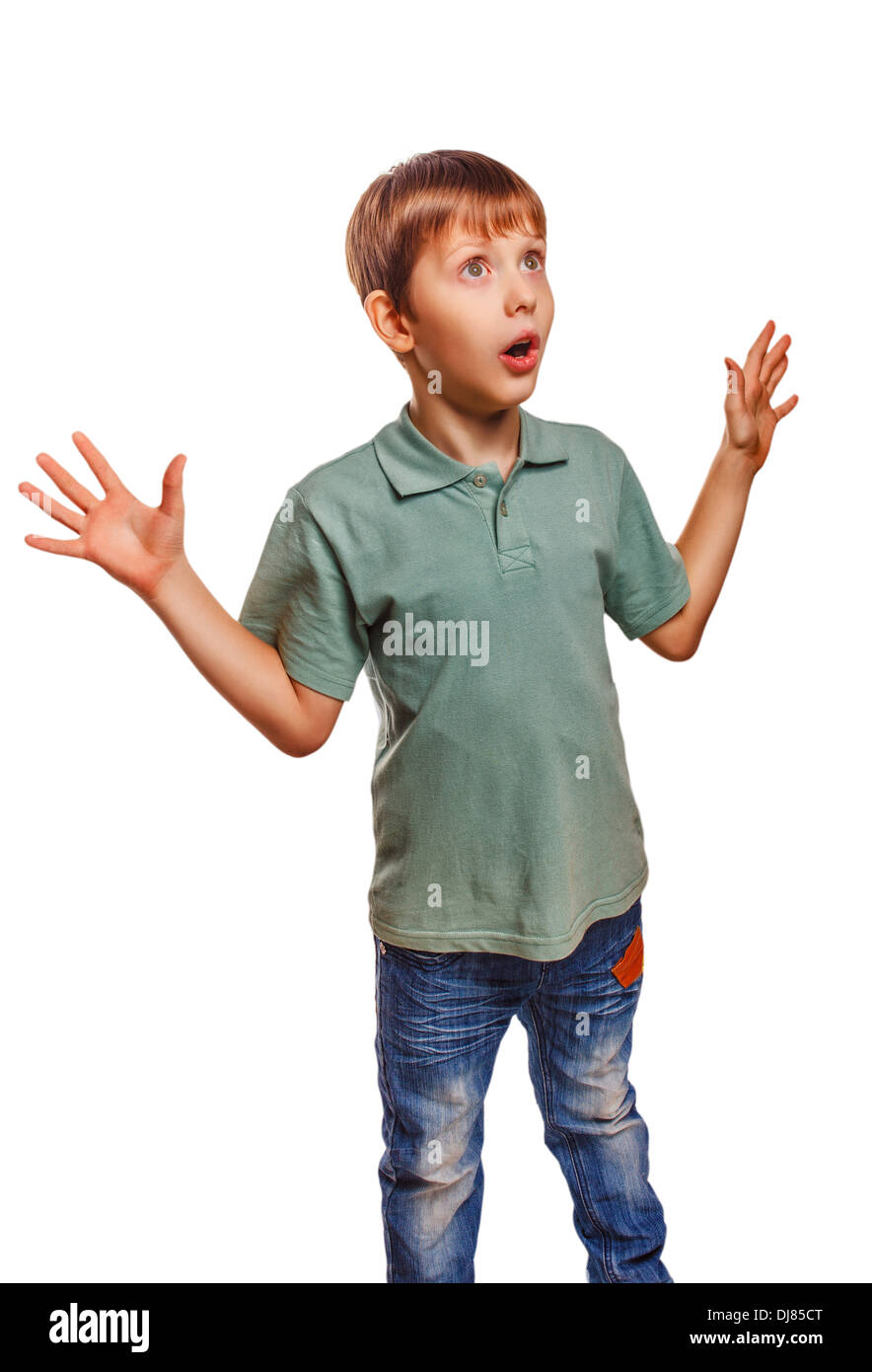 teenager boy raised his hands up baby surprised isolated Stock Photo ...