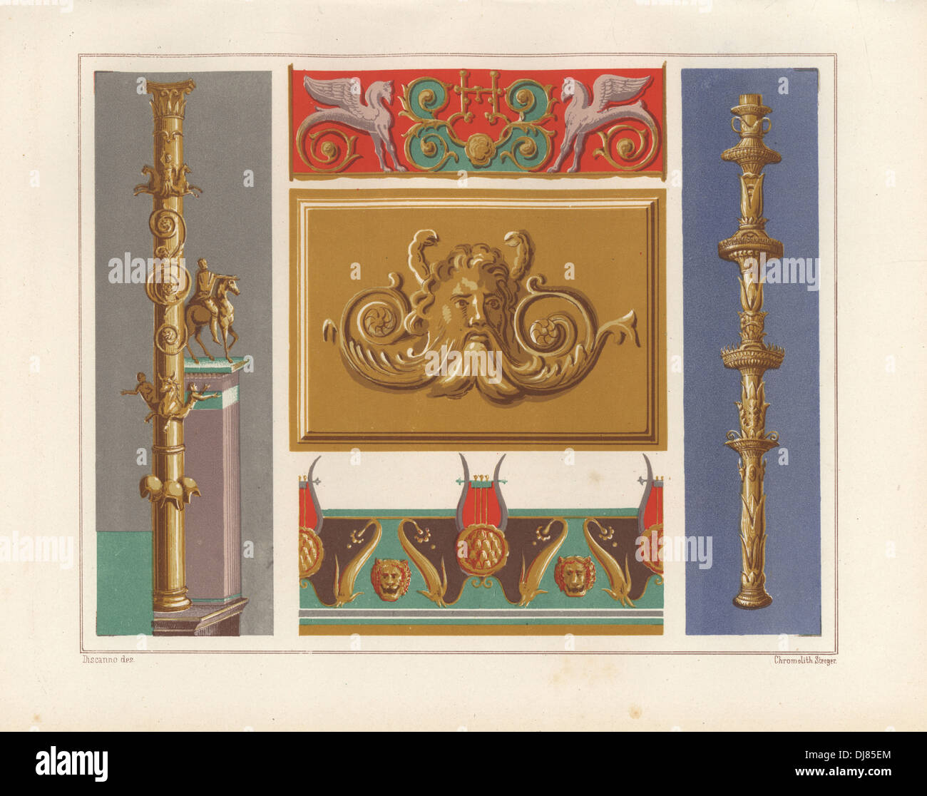 Murals of columns, head of Oceanus, and decorated cornices from Pompeii ...