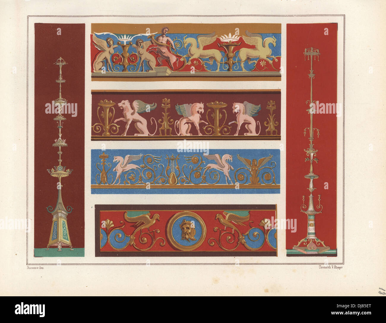 Murals of candelabra, griffin, frieze and arabesque from Pompeii Stock ...