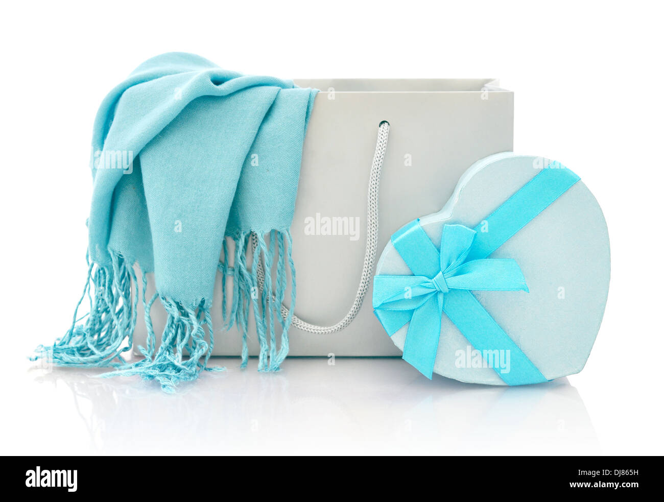 Blue scarf in shopping bag with gift box isolated on a white background ...