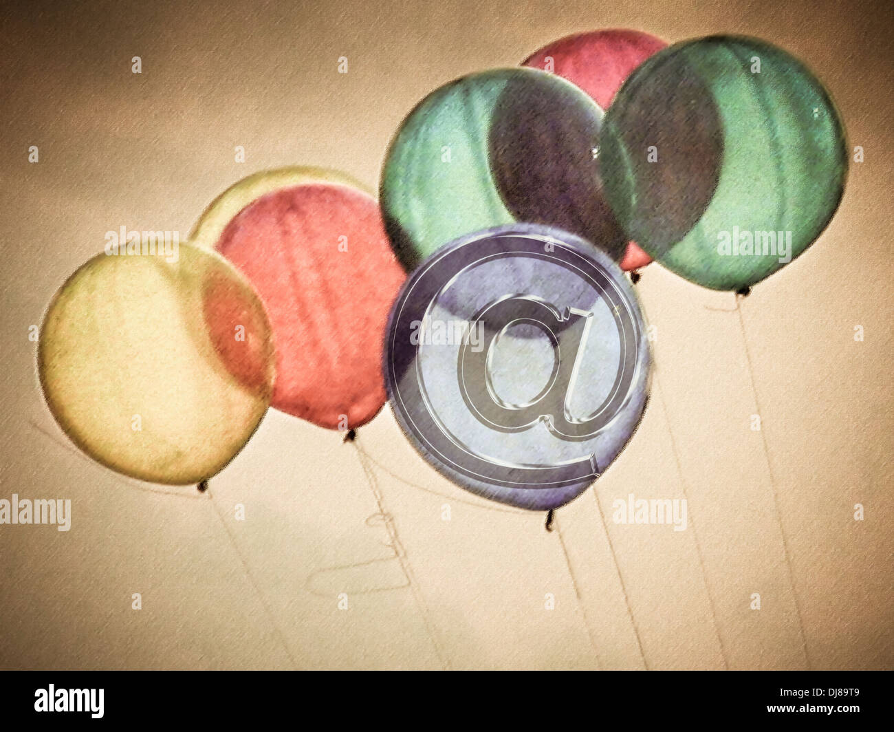 Colorful Air Balloons in air, Email icon, at symbol Concept Stock Photo ...