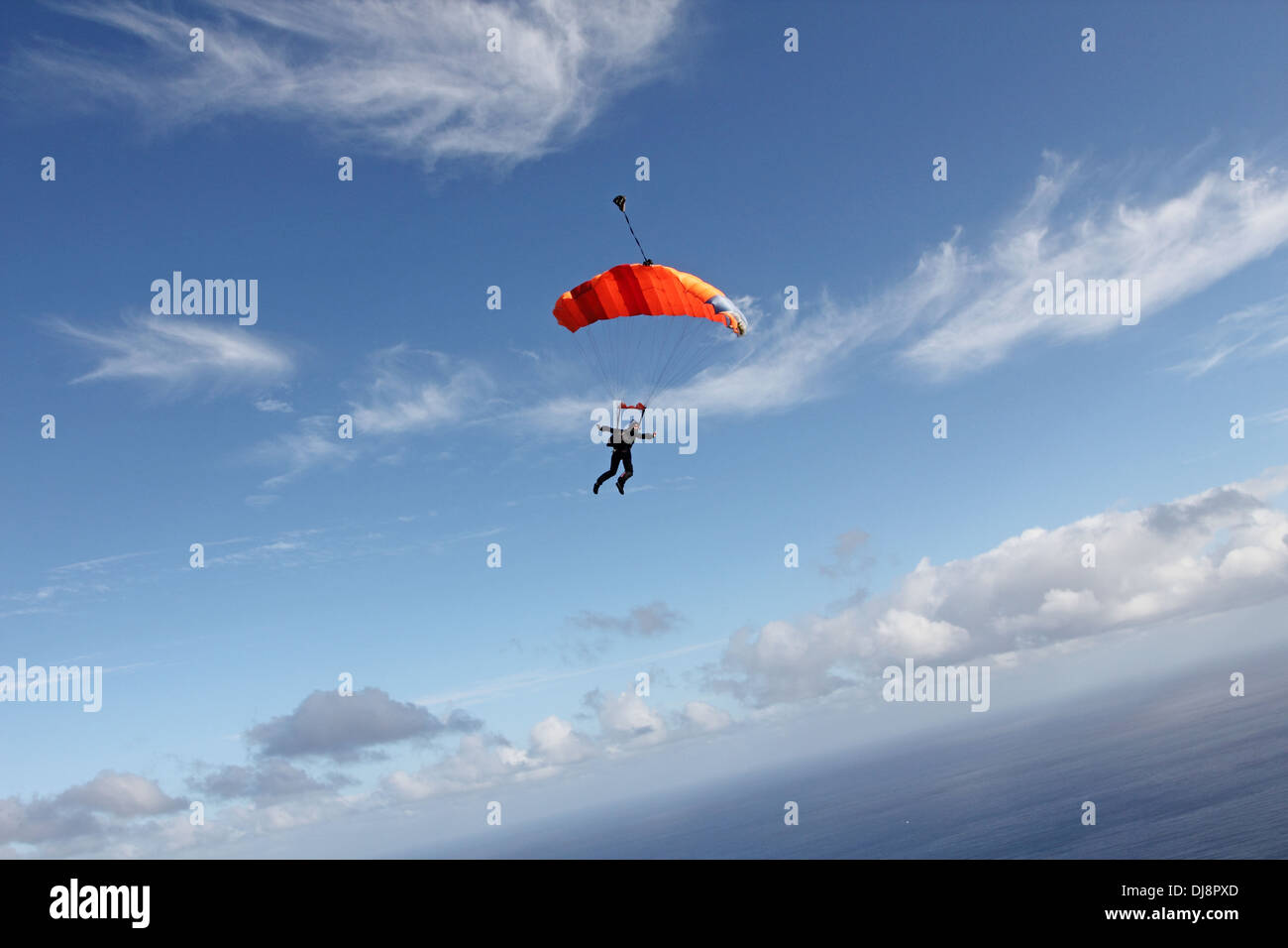 Skydiver under canopy is flying high in the sky over clouds into ...