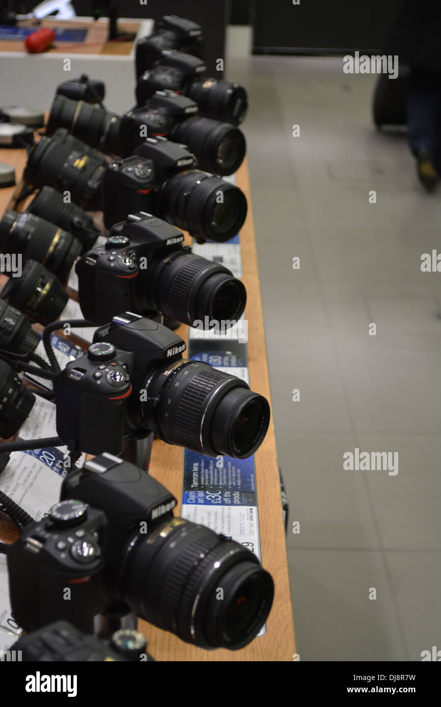 Cameras on display for sale Stock Photo - Alamy