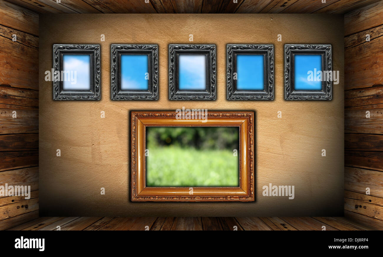 beautiful art interior backdrop with picture frames on wall ( the sky ...