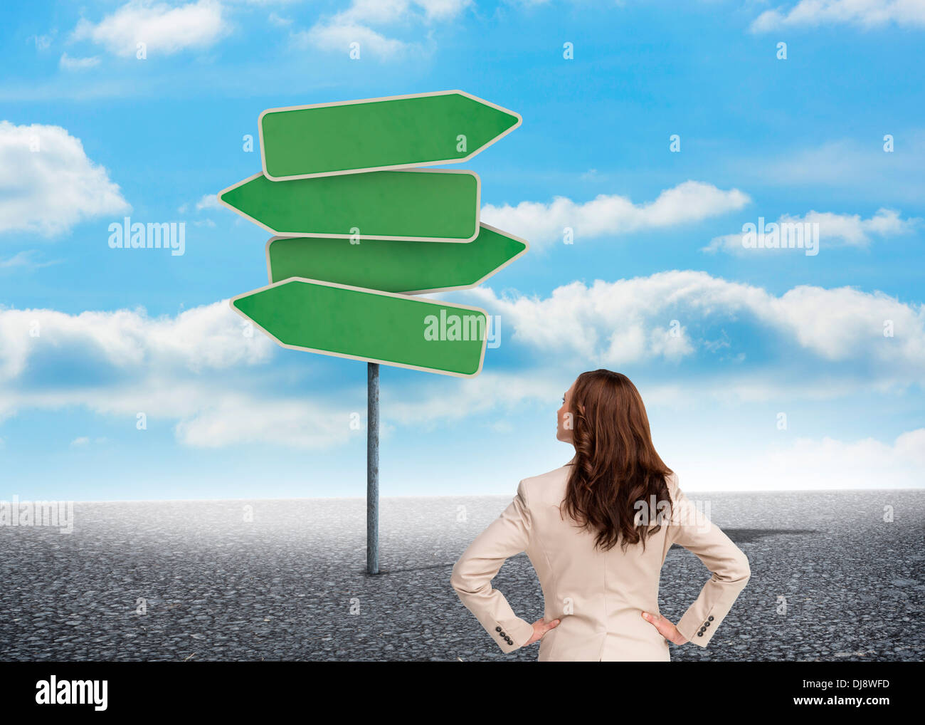 Businesswoman standing back to camera looking at road signs Stock Photo ...