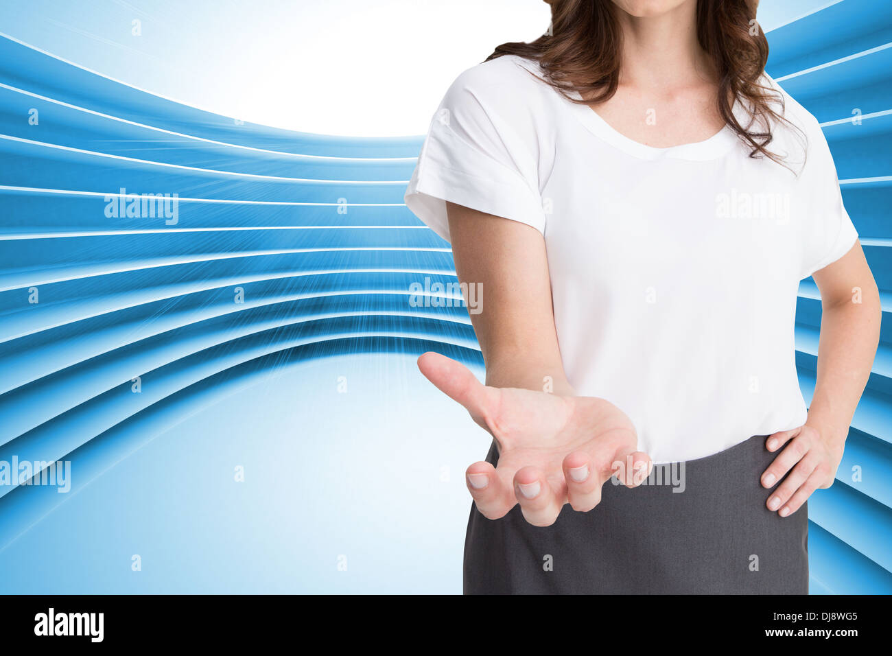Attractive businesswoman showing her empty hand open Stock Photo - Alamy