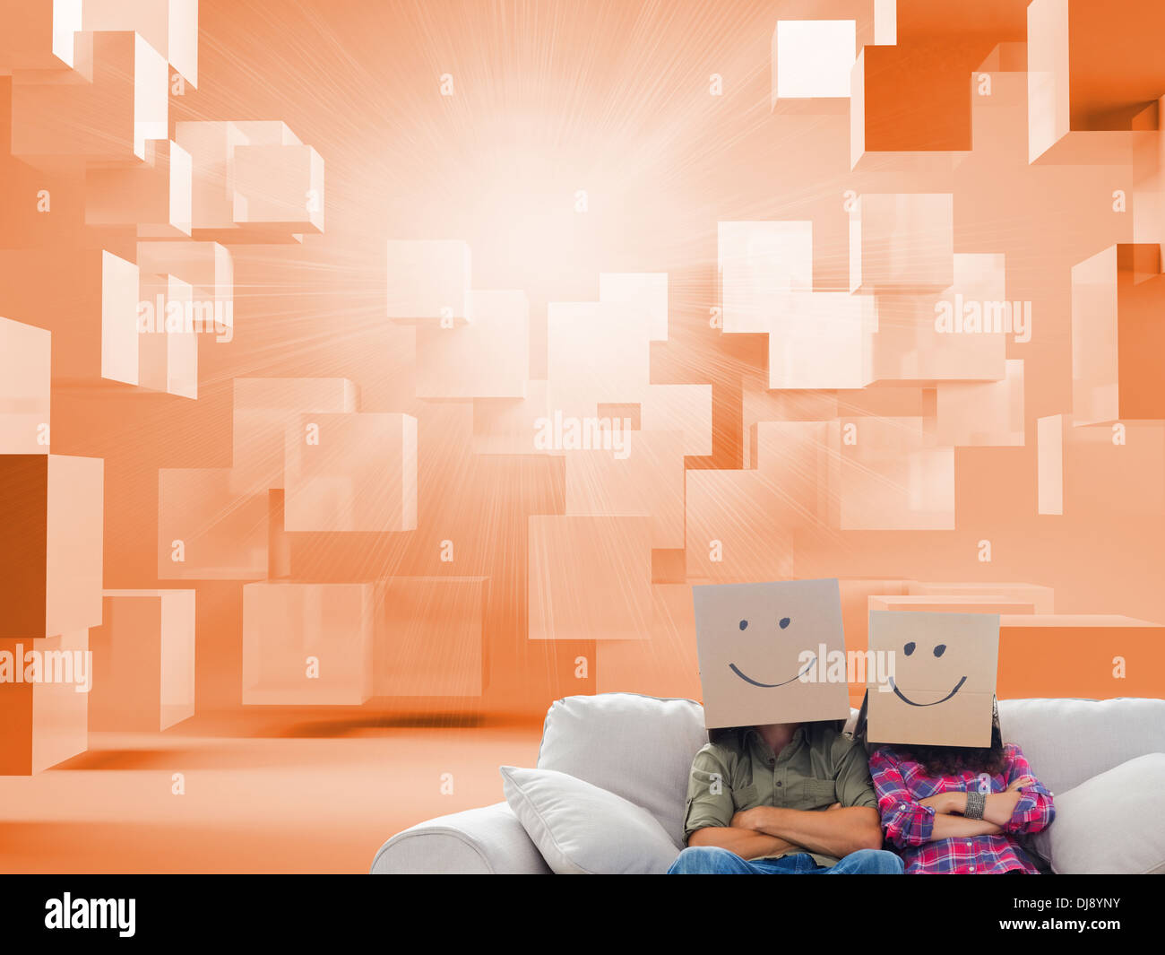 Silly employees with arms folded wearing boxes on their heads Stock ...