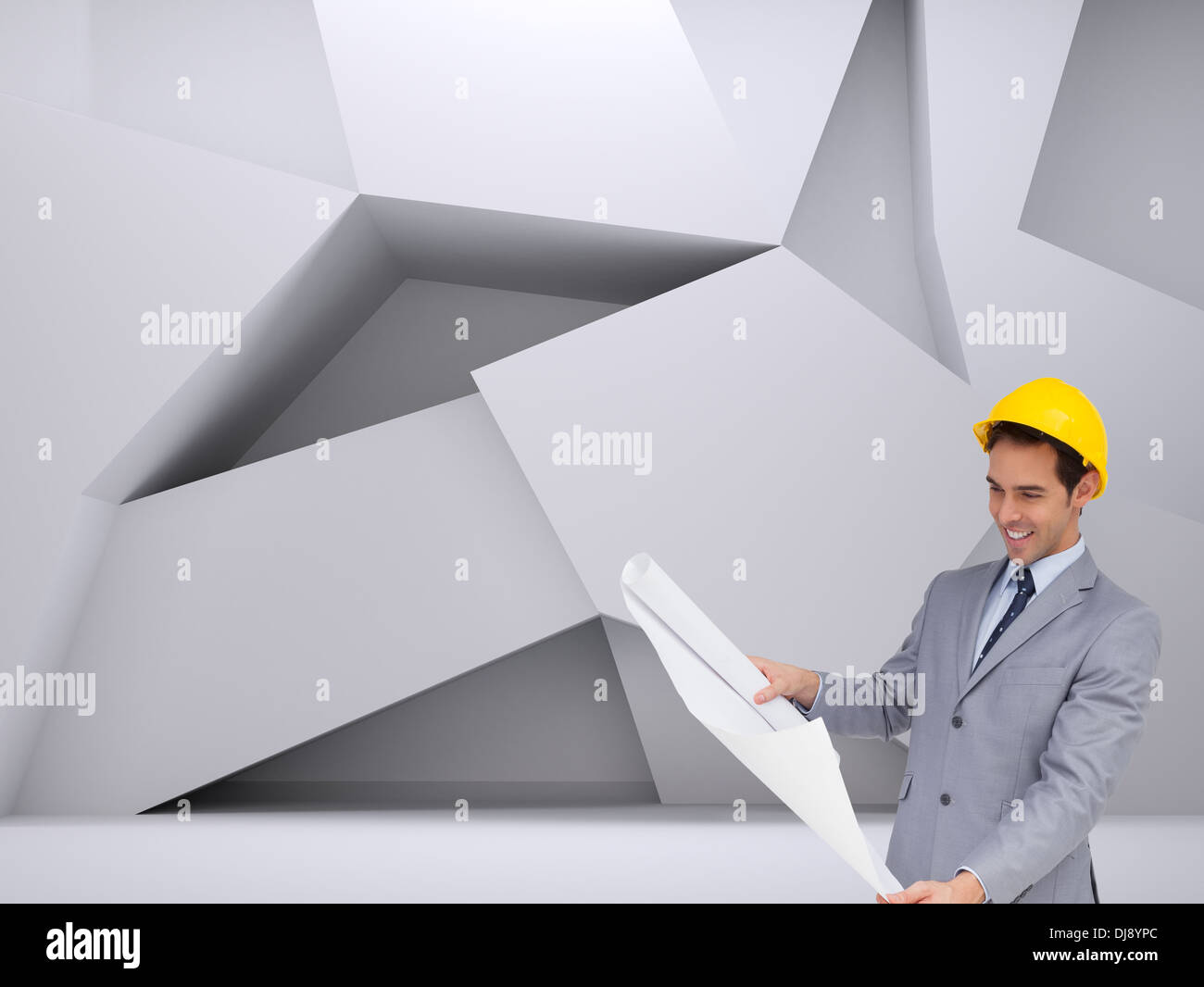 Smiling architect with hard hat looking at plans Stock Photo - Alamy Smiling architect with hard hat looking at plans Stock Photo - Alamy