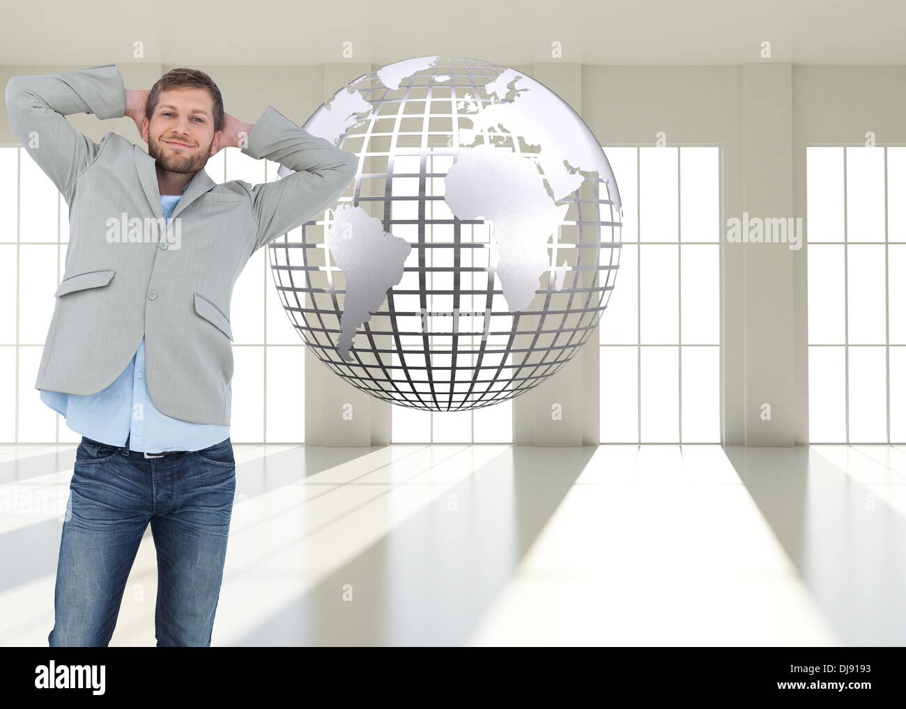 Composite image of suave man in a blazer with hands behind head looking ...