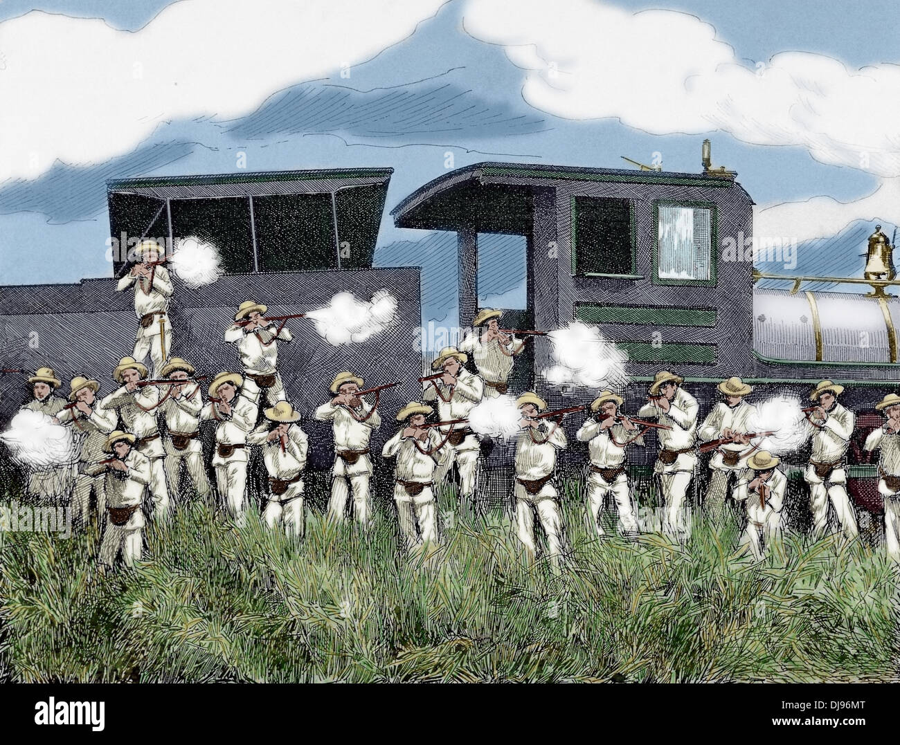 Cuban War of Independence (1895-1898). Defending a train attacked by ...