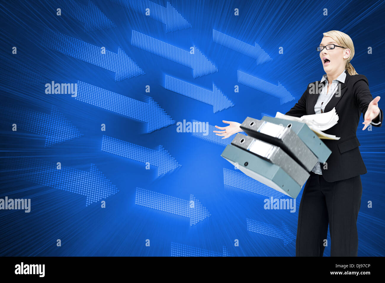Composite image of businesswoman dropping many folders Stock Photo - Alamy