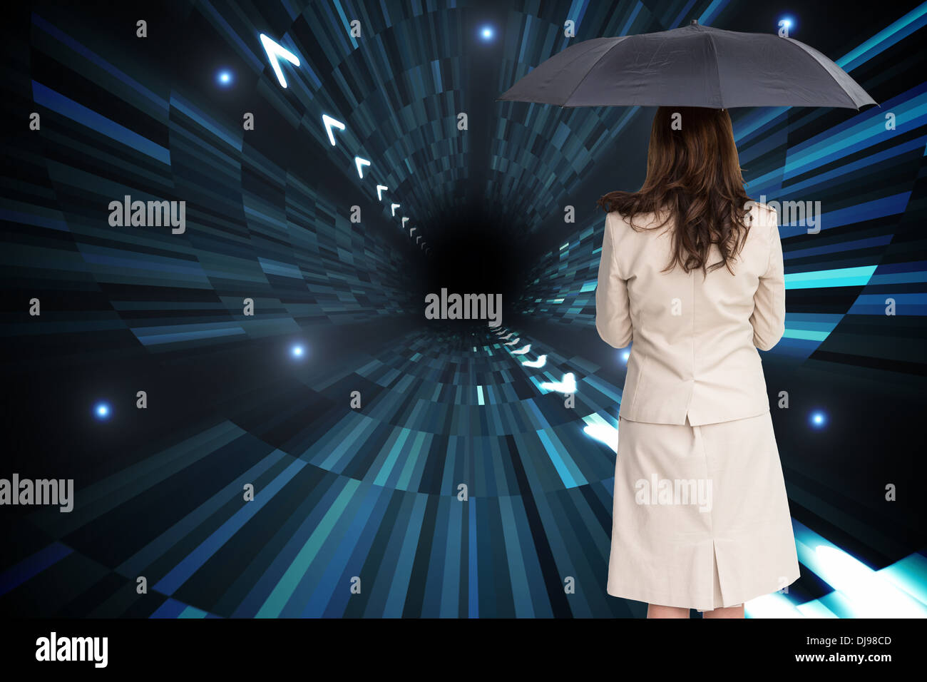 Composite image of rear view of classy businesswoman holding umbrella ...