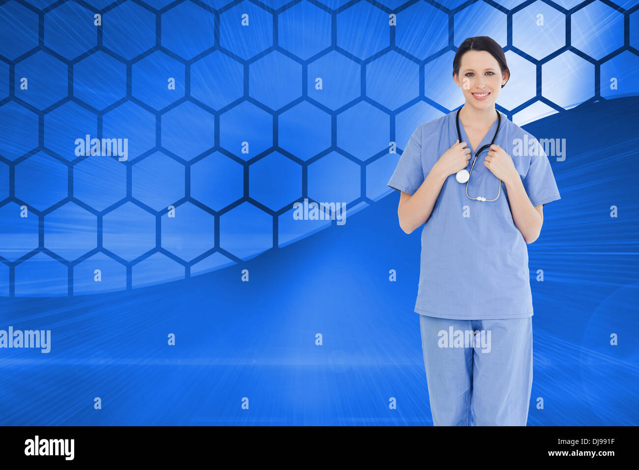 Composite image of smiling medical intern wearing a blue short-sleeve ...