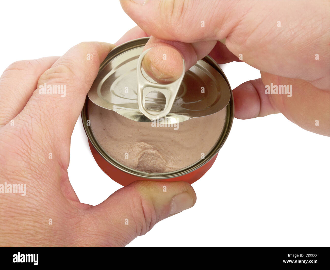 hands opening tin of canned food, studio shot, isolated on white Stock ...