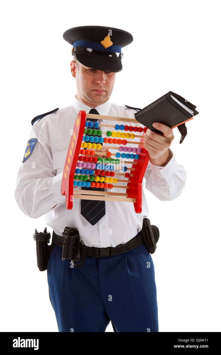 Dutch police officer is counting vouchers quotas with abacus over white ...
