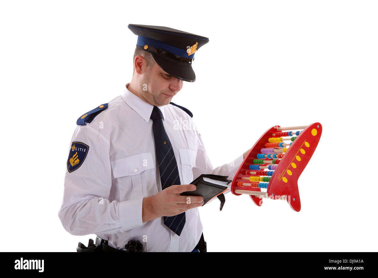 Dutch police officer is counting vouchers quotas with abacus over white ...