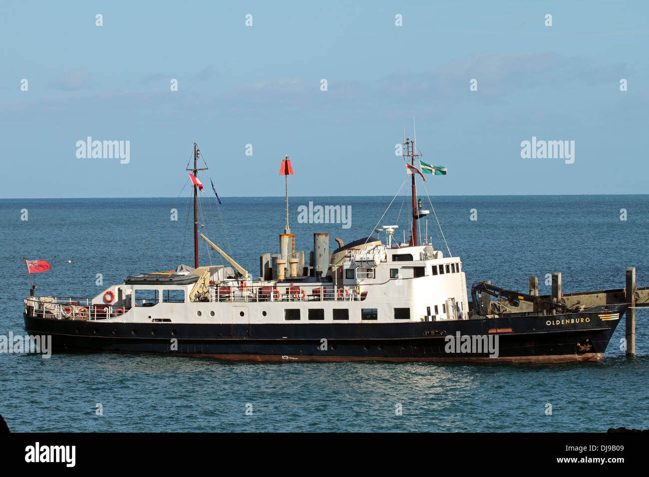 MS Oldenburg moored at the Lundy Island landing jetty 10 miles off the ...