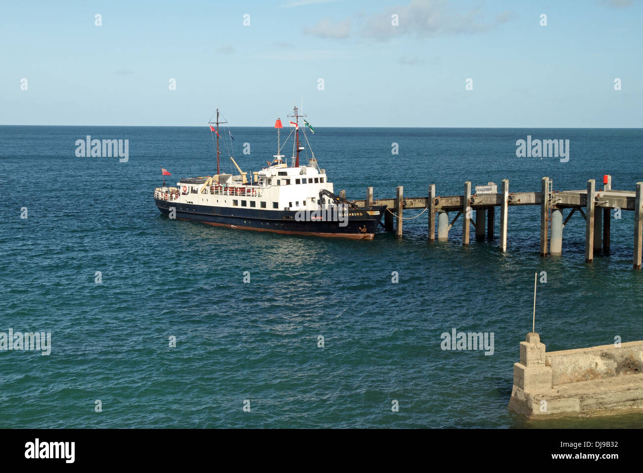 MS Oldenburg moored at the Lundy Island landing jetty 10 miles off the ...