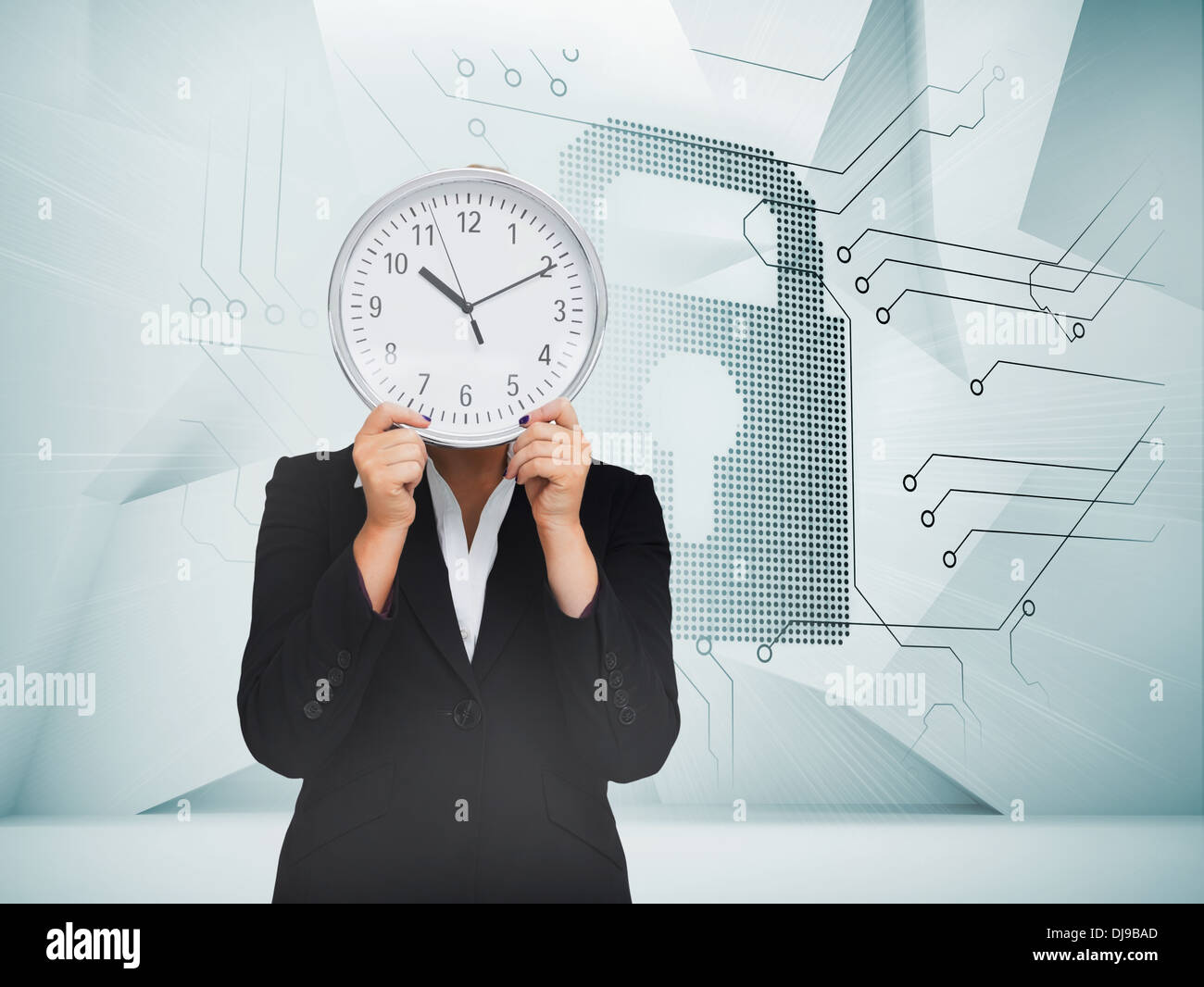 Businesswoman hiding face with clock Stock Photo - Alamy