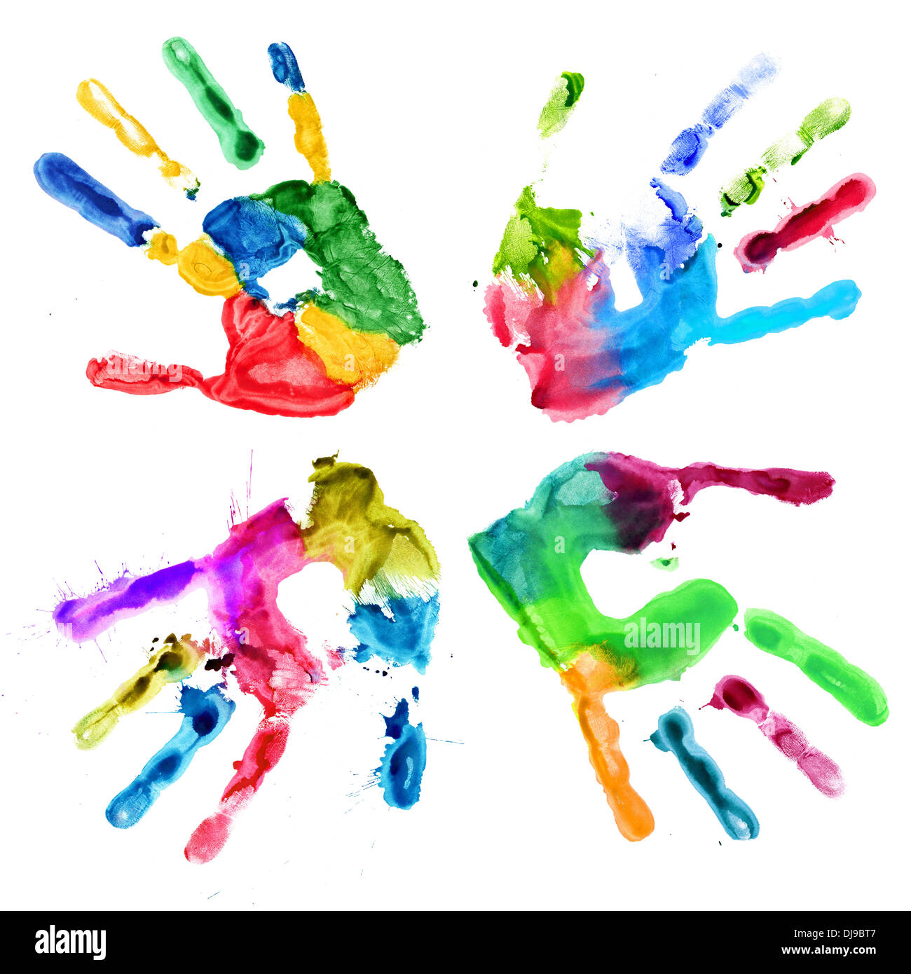 Handprints in different colors on a white background Stock Photo - Alamy