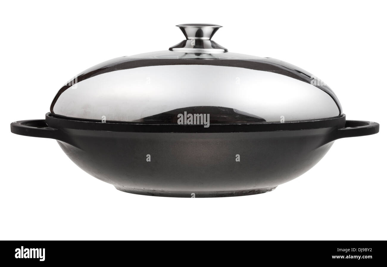 side view of flatter-bottomed wok pan covered by metal lid isolated on ...