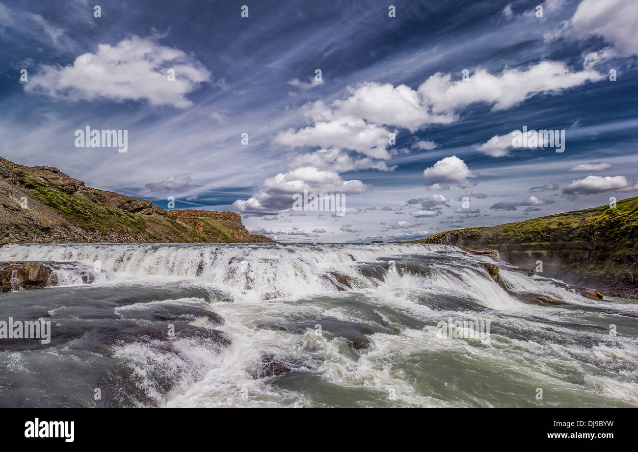 Gullfoss Waterfalls, (Golden Falls) is one of the most popular tourist ...