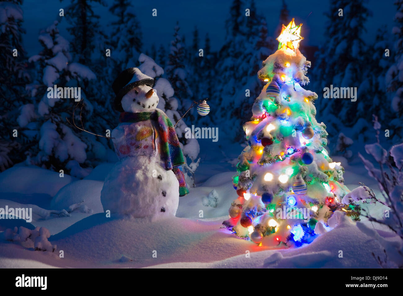 Snowman Stands In A Snowcovered Spruce Forest Next To A Decorated ...