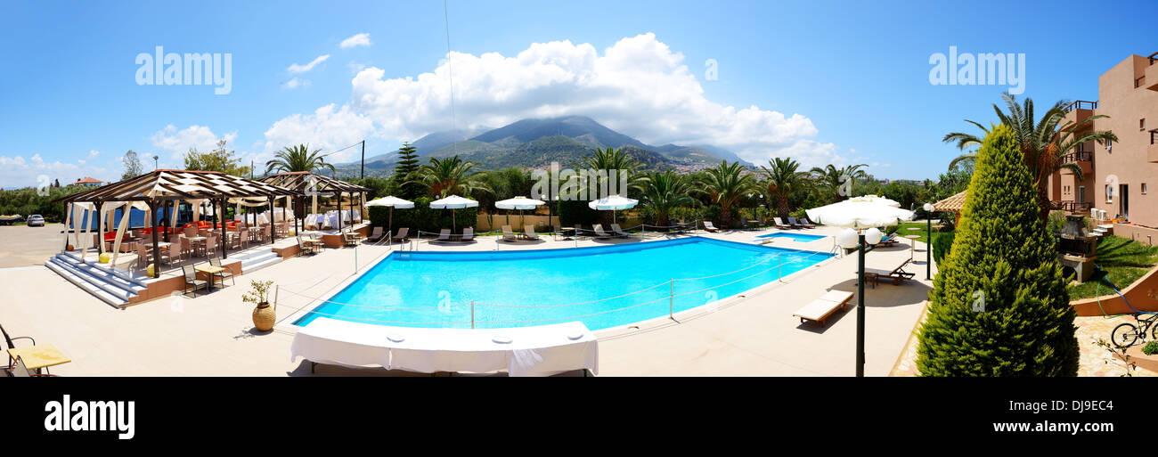 The panorama of swimming pool near luxury hotel, Peloponnes, Greece ...