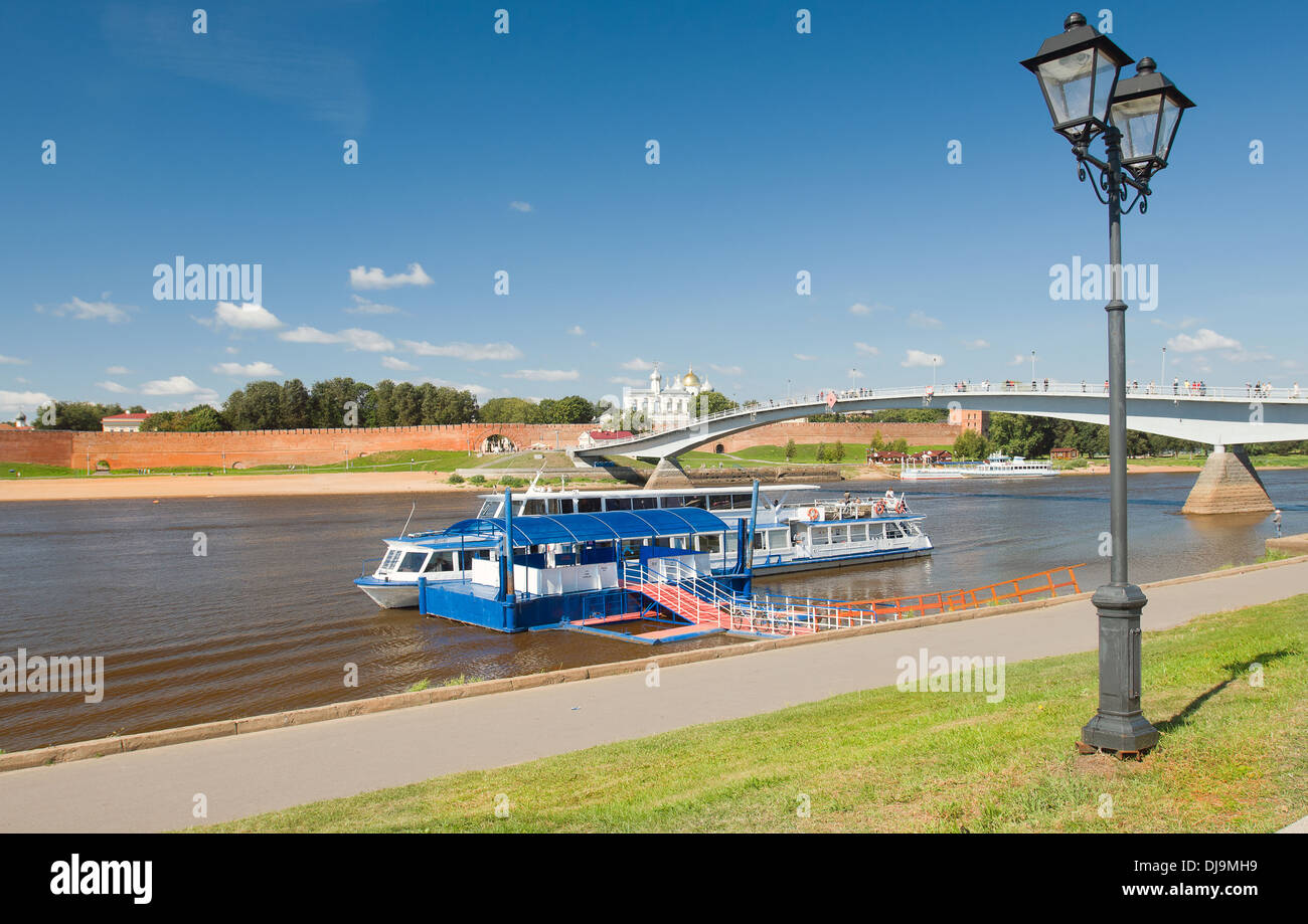 River pleasure boat on the Volkhov river in Veliky Novgorod Stock Photo ...