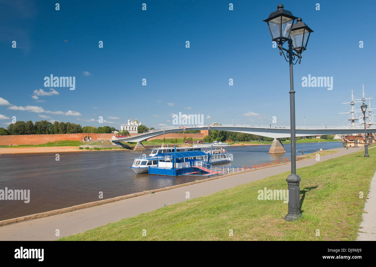 River pleasure boat on the Volkhov river in Veliky Novgorod Stock Photo ...