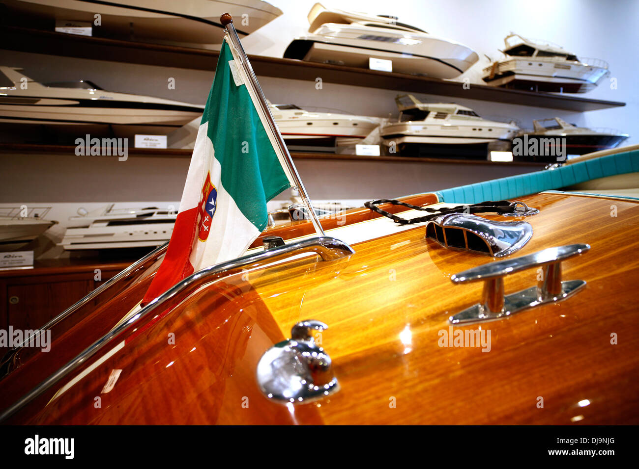 Classic Riva yachts on display at the factory on Lake Iseo at Sarnico ...