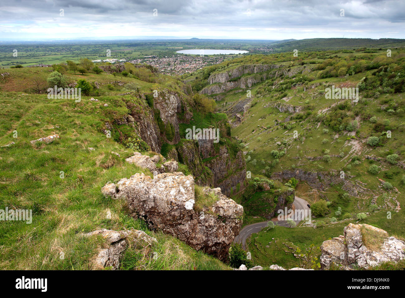 Summer view over the Limestone cliffs of Cheddar Gorge, Mendip Hills ...