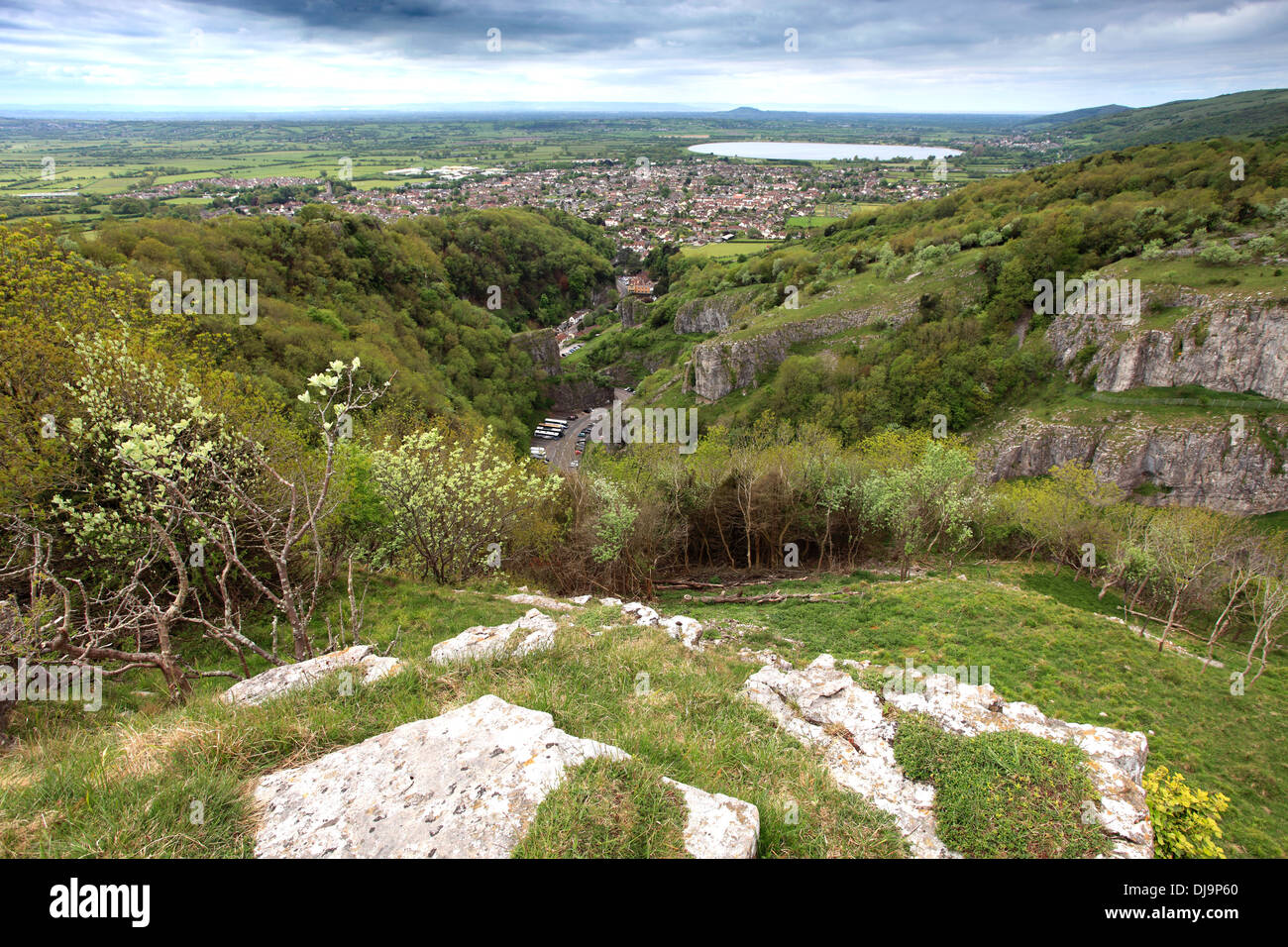 Summer view over the Limestone cliffs of Cheddar Gorge, Mendip Hills ...