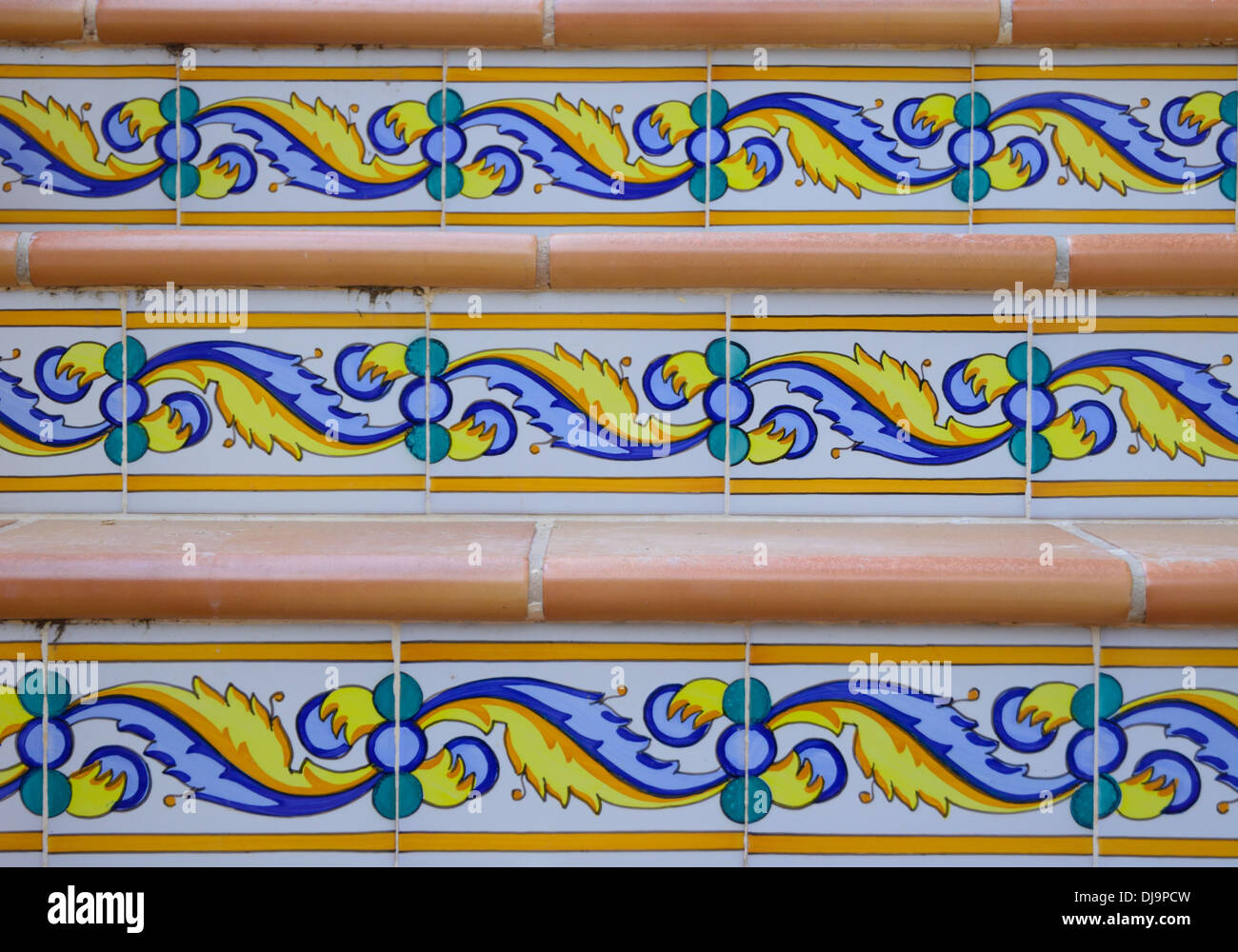 Detail of staircase with patterned ceramic tiles and terracotta Stock ...